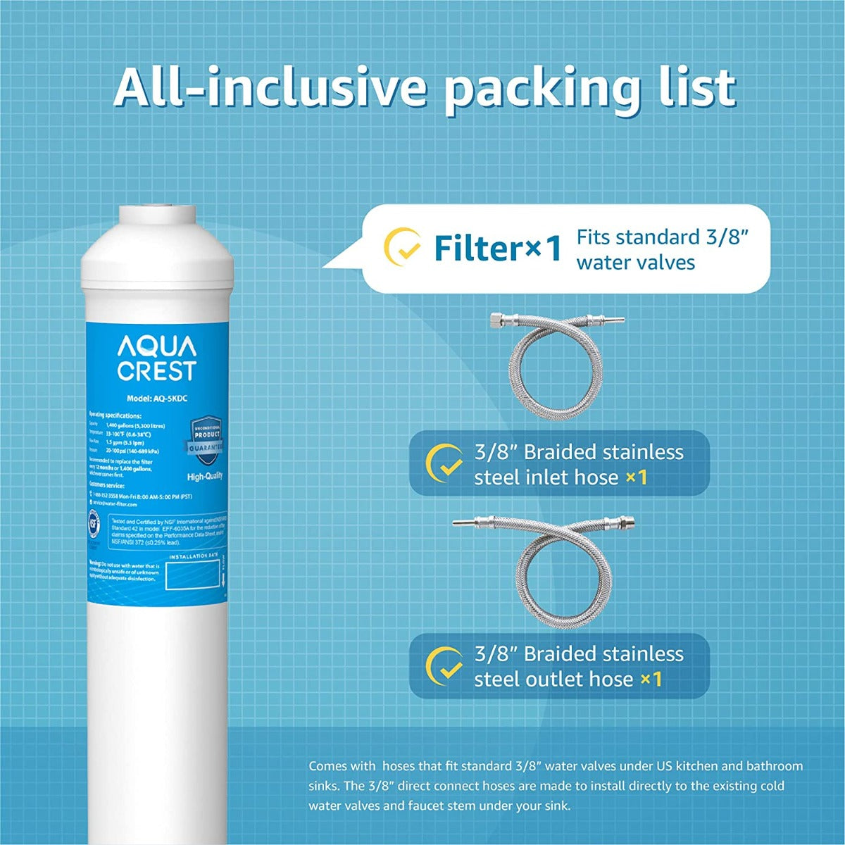 AQUACREST 5KDC Inline Water Filter for Under Sink, Ice Maker
